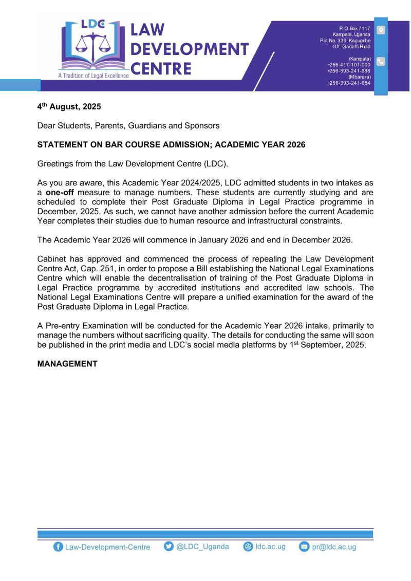 STATEMENT ON BAR COURSE ADMISSION; ACADEMIC YEAR 2026 – Law Development ...